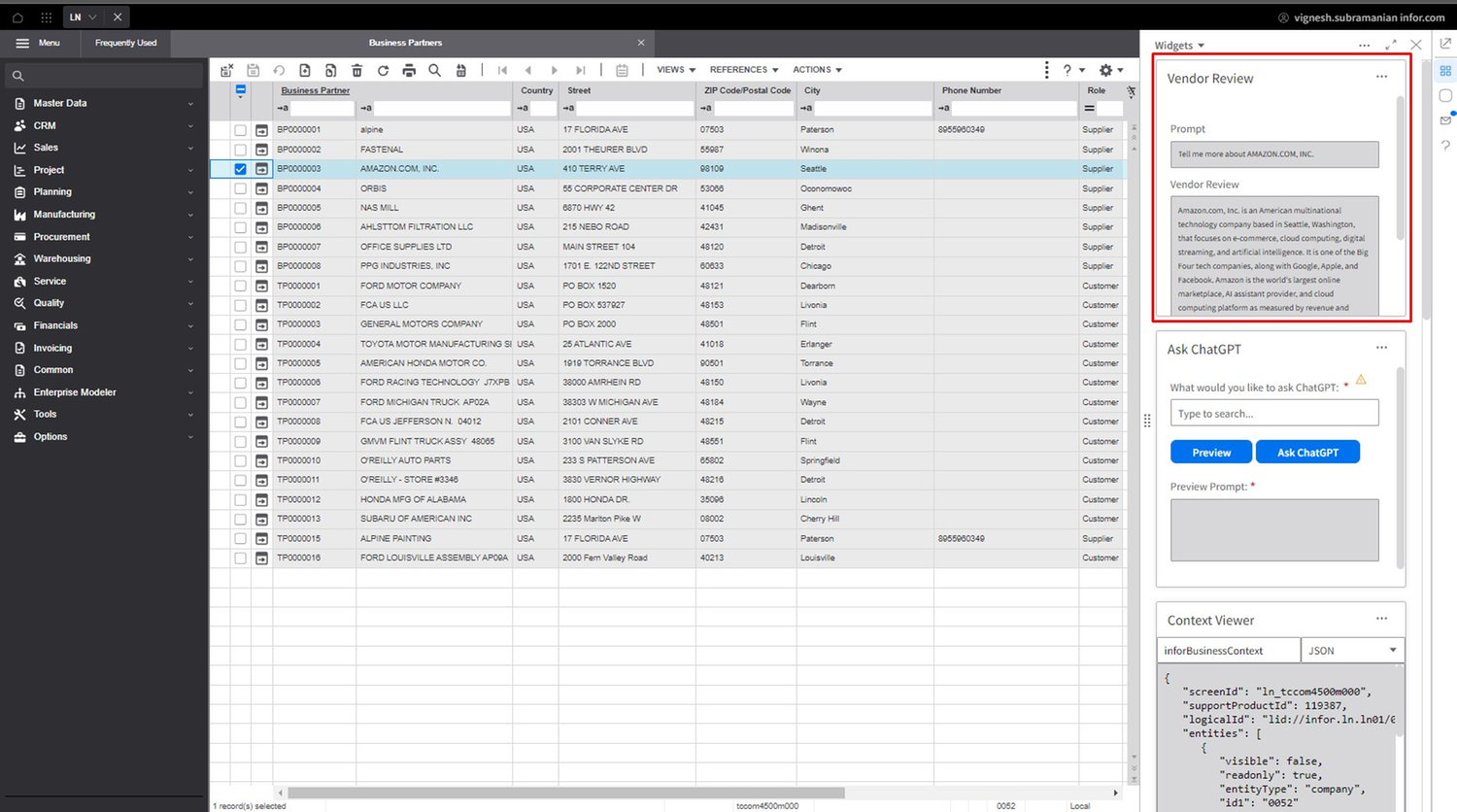 Business Partner Review Widget Using OpenAI | Infor Marketplace
