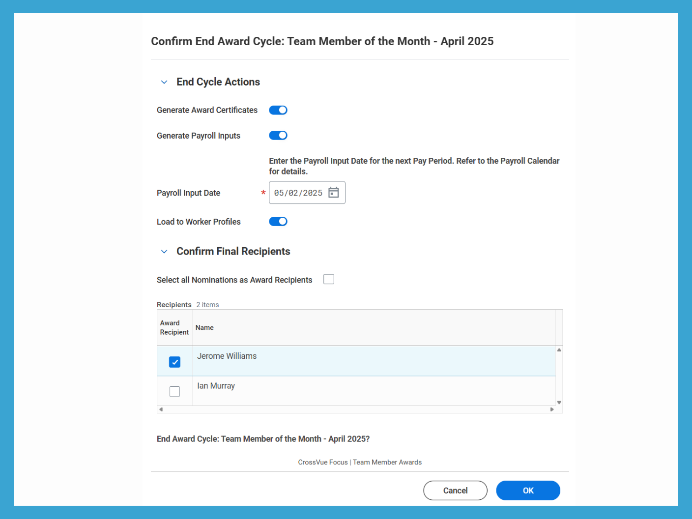 CrossVue Focus | Team Member Awards | Workday Marketplace